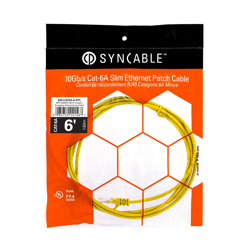 SynCable RJ45 CAT-6A 10Gbs FT-4 Molded Super Slim Patch Cable – 6ft – YL
